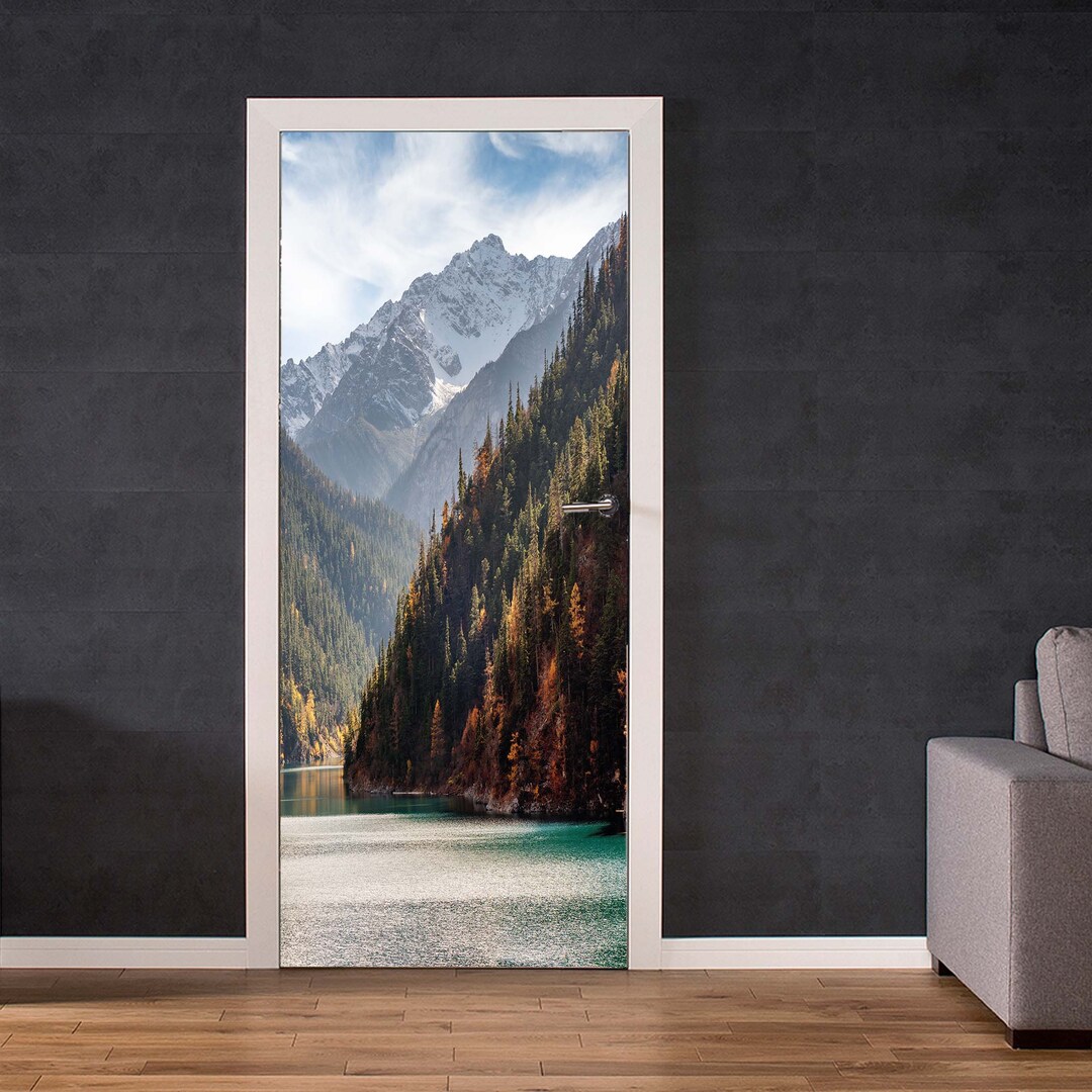 Door Cover Design Peel and Stick Vinyl Wrap River Landscape Door Wrap ...