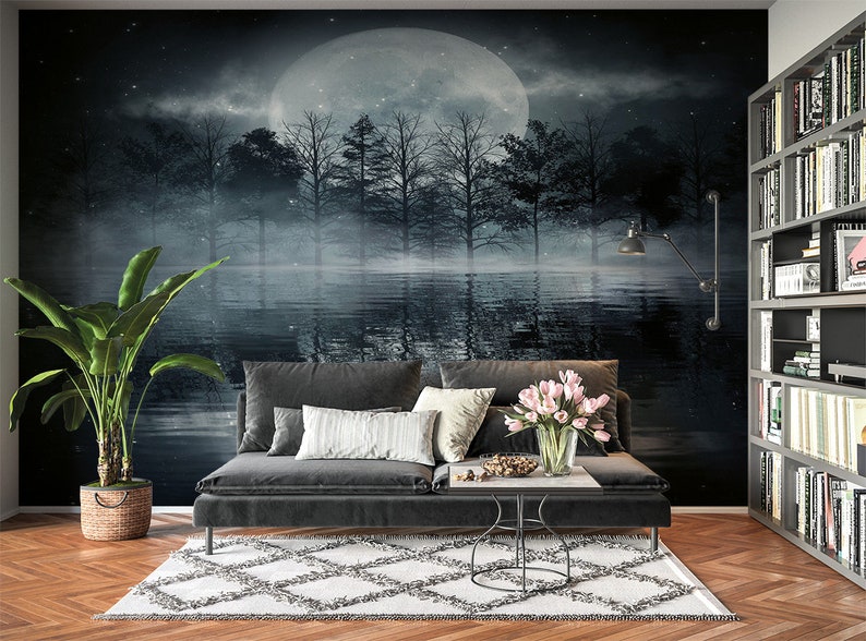 Dark Night Full Moon View Wall Mural Photo Wallpaper UV Print - Etsy