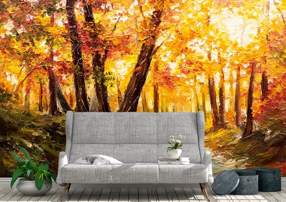 Painted Autumn Forest Wall Mural Wallpaper Wall Art Peel & | Etsy
