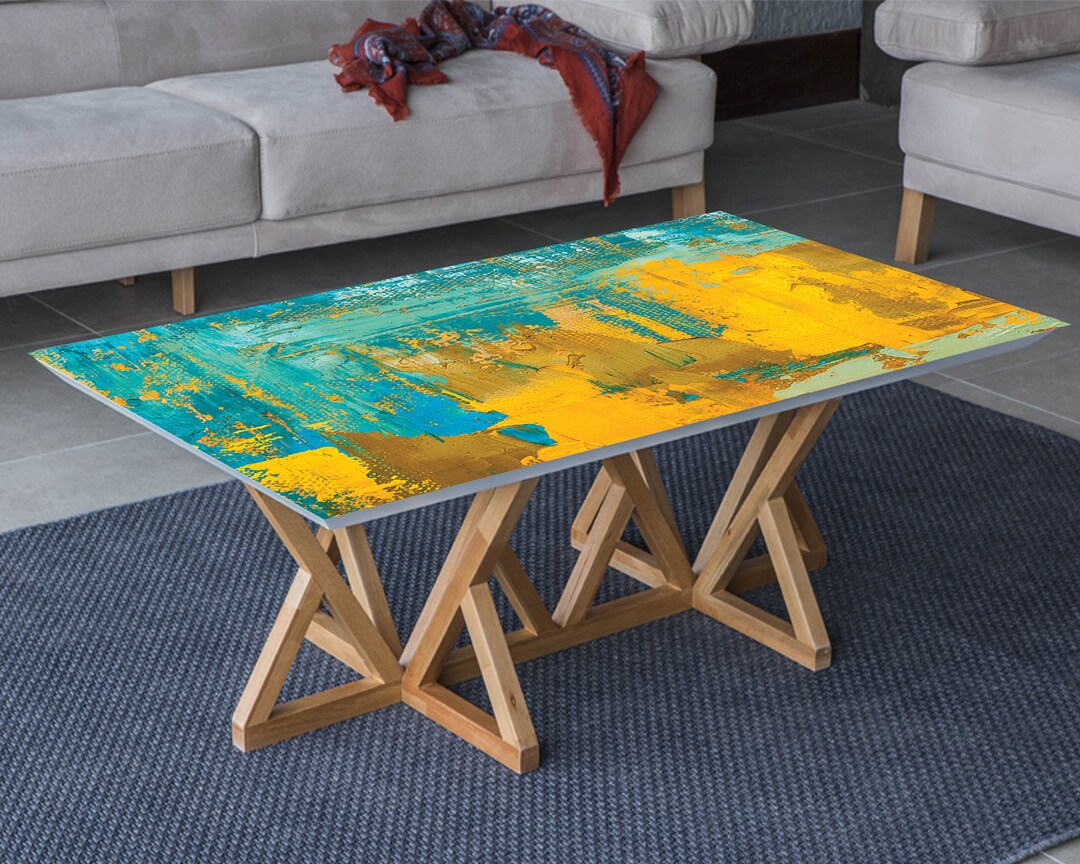 Abstract Blue & Yellow Brush Strokes Table Sticker, Self Adhesive Vinyl ...