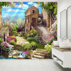 Retro Village Peel and Stick Wall Mural, Living Room Wallpaper ...