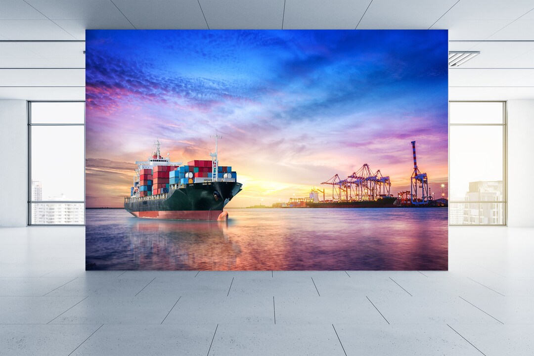 Container Ship Sunset Theme Wall Mural Wallpaper Wall Art Peel & Stick ...