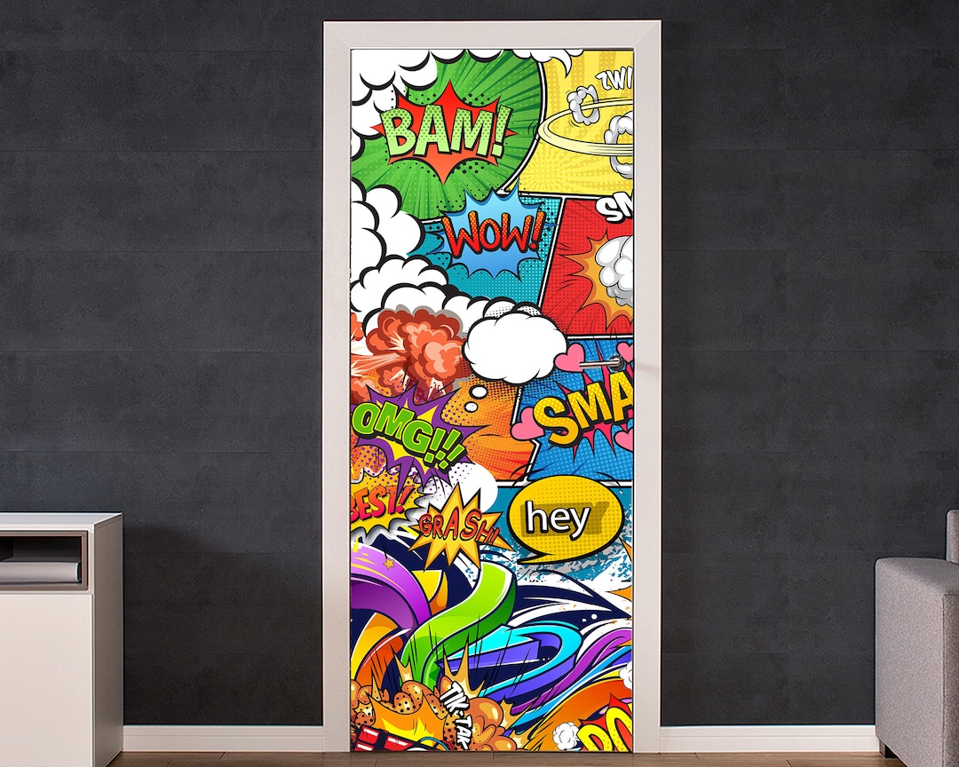 Comic Book Style Door Sticker, Peel & Stick Vinyl Door Wrap, Fun Art ...