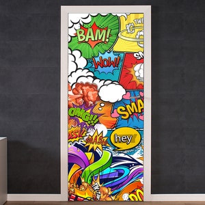 Comic Book Style Door Sticker, Peel & Stick Vinyl Door Wrap, Fun Art ...