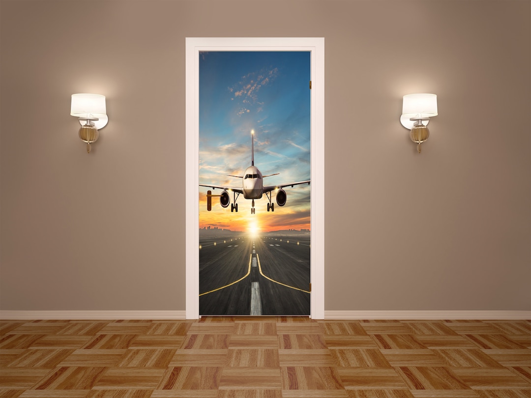 Airplane and Sunset Door Mural Sticker, Self Adhesive Door Wrap, the ...