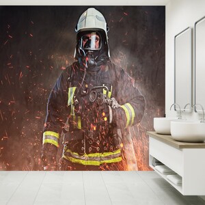 Resolute Firefighter's Stand Wallpaper Mural: Self-adhesive Fiery ...