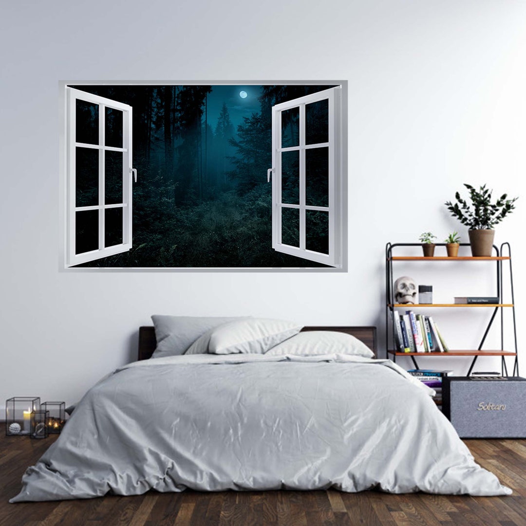Wall Sticker Moonlit Night in Forest 3D Window Effect Self-adhesive ...