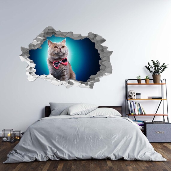 Wall Sticker Cat With Bow Tie 3D Hole in the Wall B Effect - Etsy