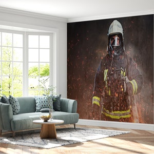 Resolute Firefighter's Stand Wallpaper Mural: Self-adhesive Fiery ...