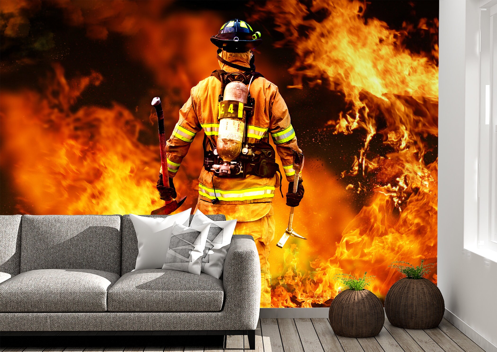 Fireman in the Action Wall Mural Photo Wallpaper UV Print | Etsy