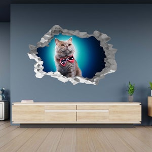 Wall Sticker Cat With Bow Tie 3D Hole in the Wall B Effect Decal Art ...