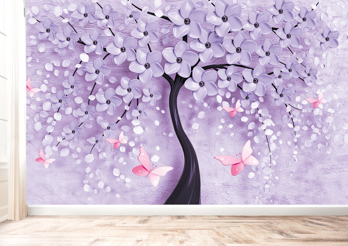 Butterfly and Tree Wall Mural Wallpaper Wall Art Peel & Stick | Etsy