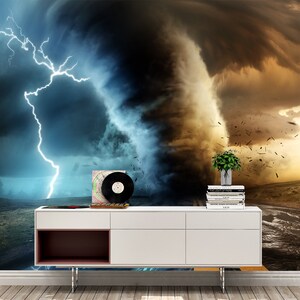 Tornado with Lightning Wall Mural Wallpaper Wall Art Peel & | Etsy