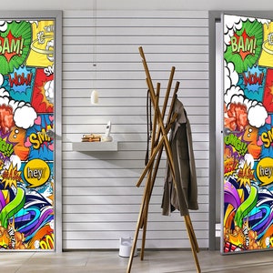 Comic Book Style Door Sticker, Peel & Stick Vinyl Door Wrap, Fun Art ...