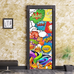 Comic Book Style Door Sticker, Peel & Stick Vinyl Door Wrap, Fun Art ...