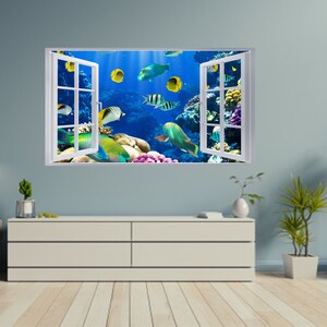 Wall Sticker Aquarium Sea Life 3D Window Effect Self Adhesive Art Decal ...