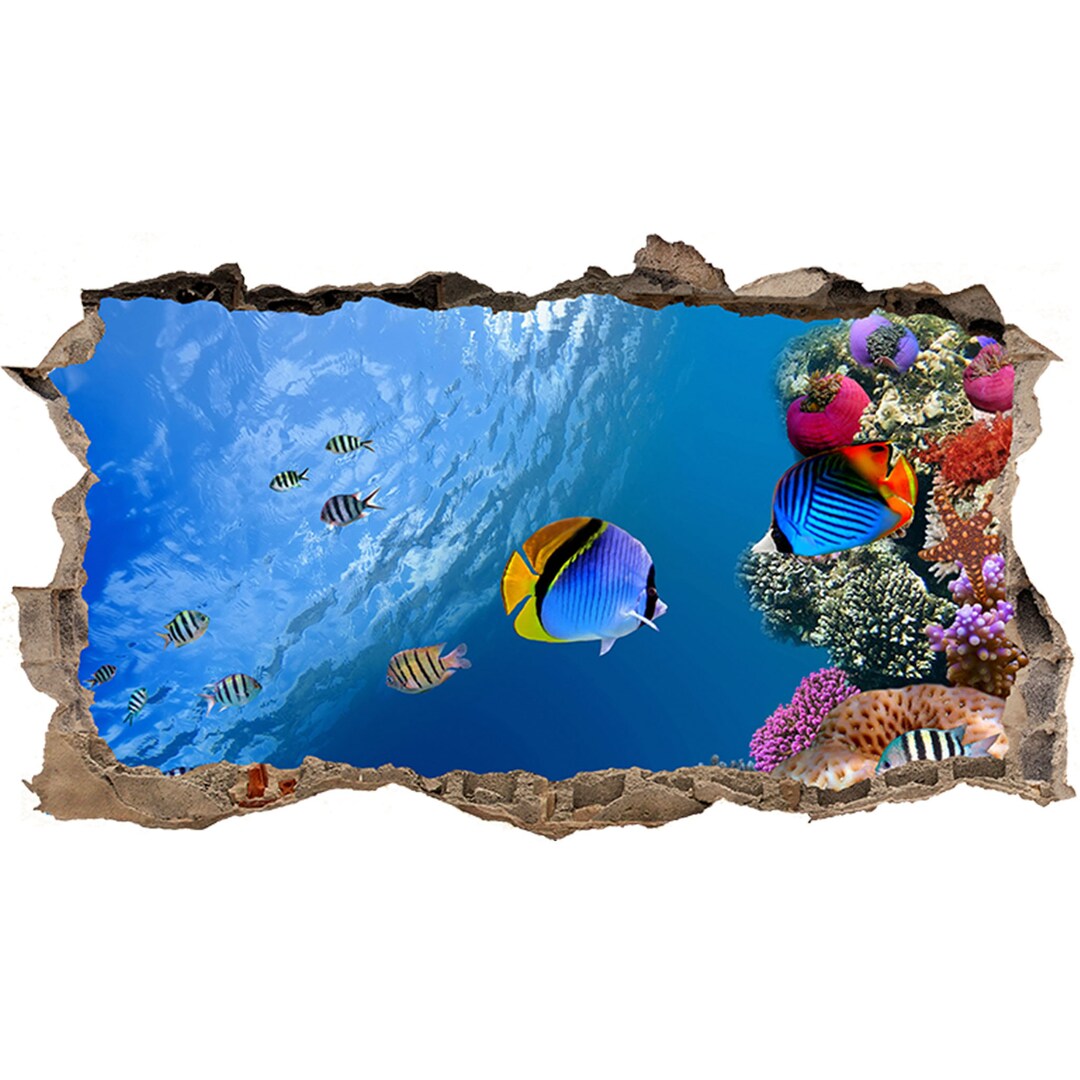 Wall Sticker Aquarium Tropical Fish 3D Hole in the Wall Effect Self ...