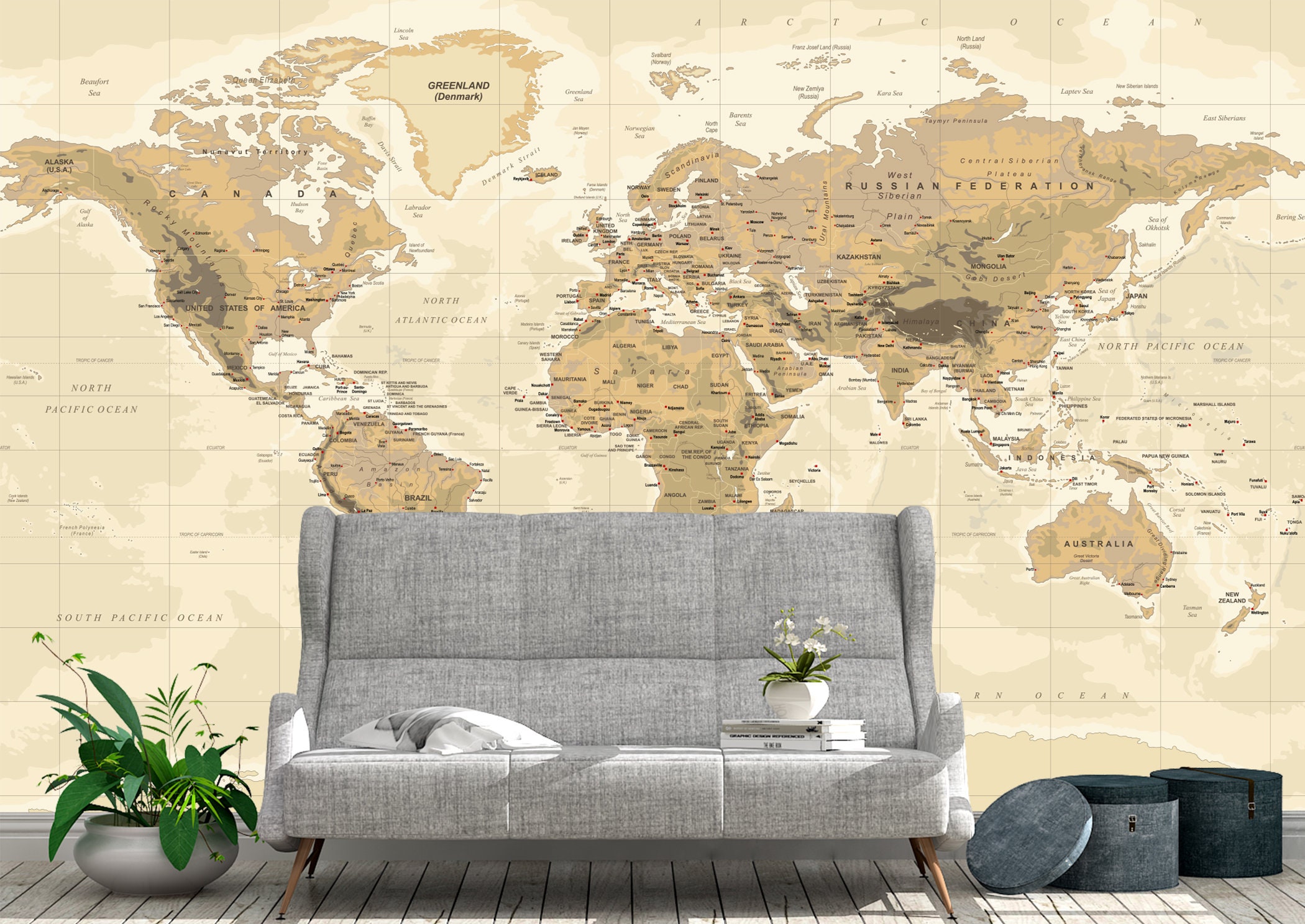 Wall Decals & Murals Mural Watercolor Wallpaper World map Large scale ...