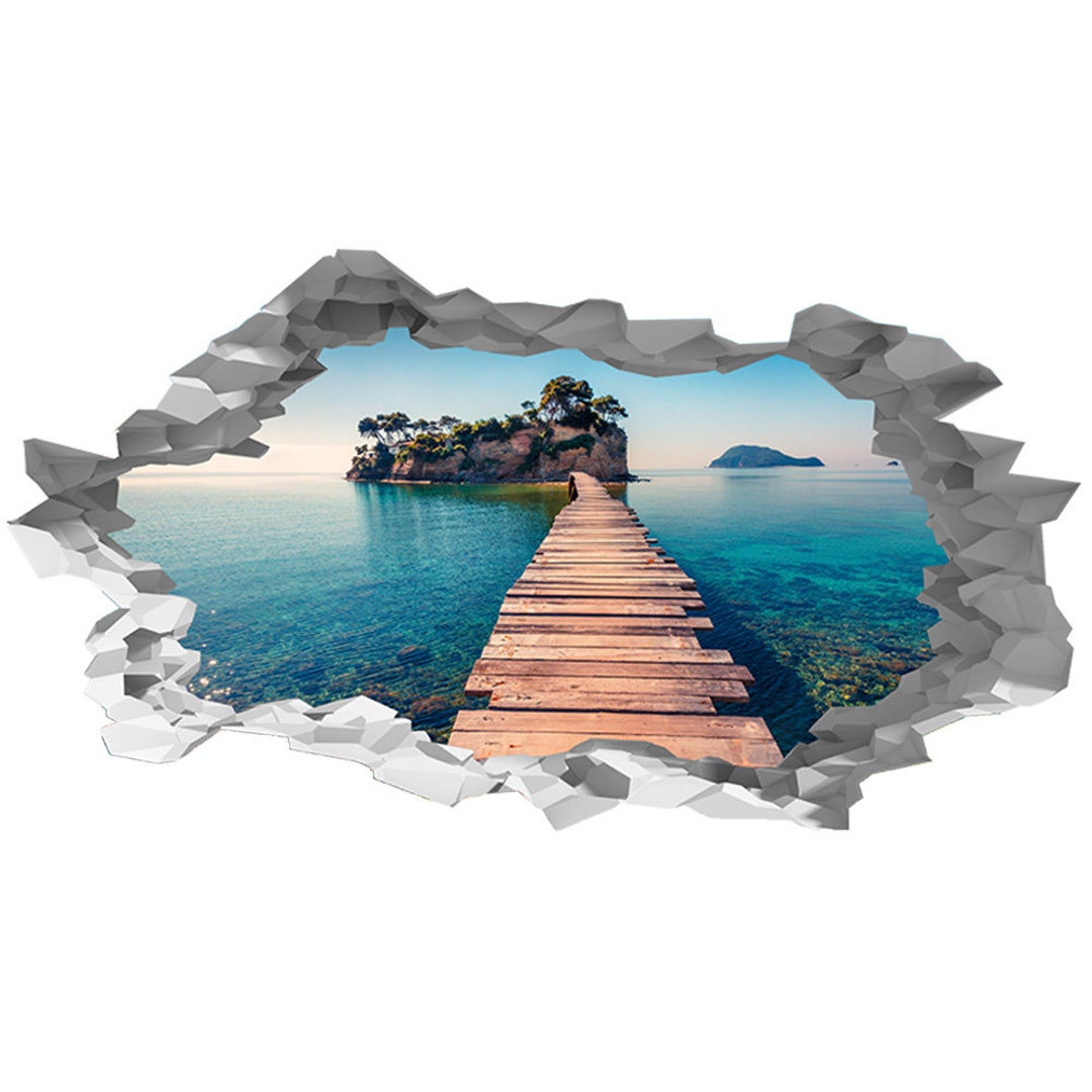 Wall Sticker Bridge on River Landscape 3D Hole in the Wall B Effect ...