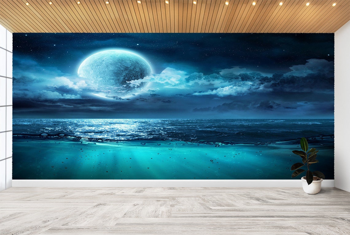 Blue Full Moon & Beach Wall Mural Photo Wallpaper UV Print - Etsy