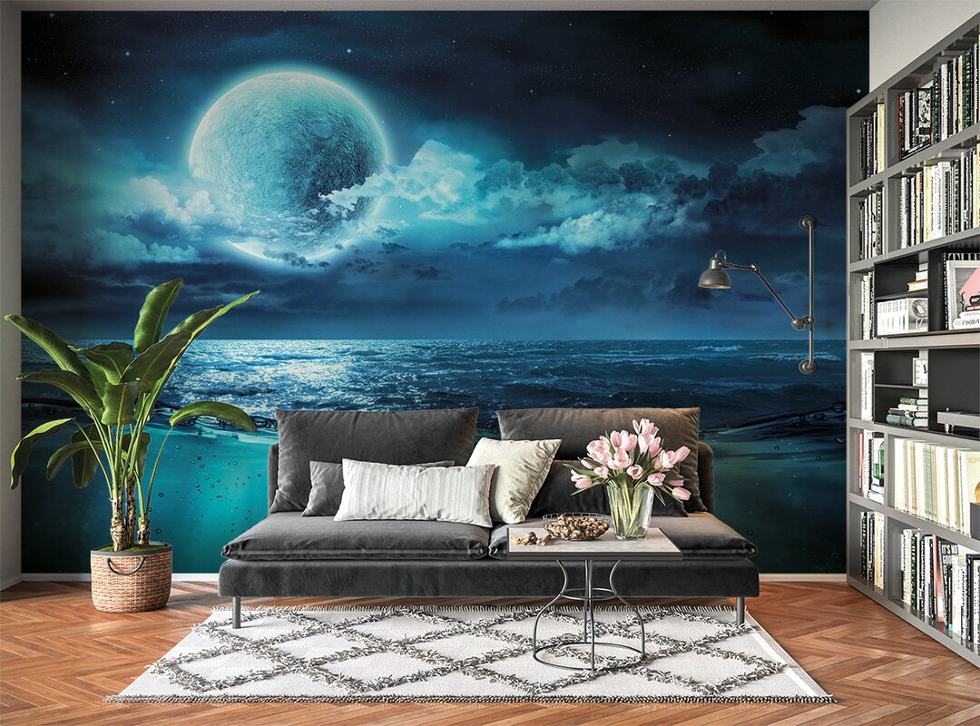 Blue Full Moon & Beach Wall Mural Photo Wallpaper UV Print Decal Art ...