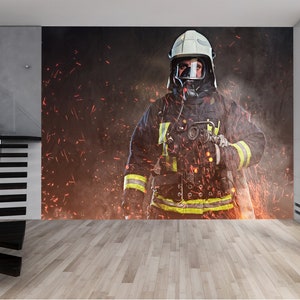 Resolute Firefighter's Stand Wallpaper Mural: Self-adhesive Fiery ...