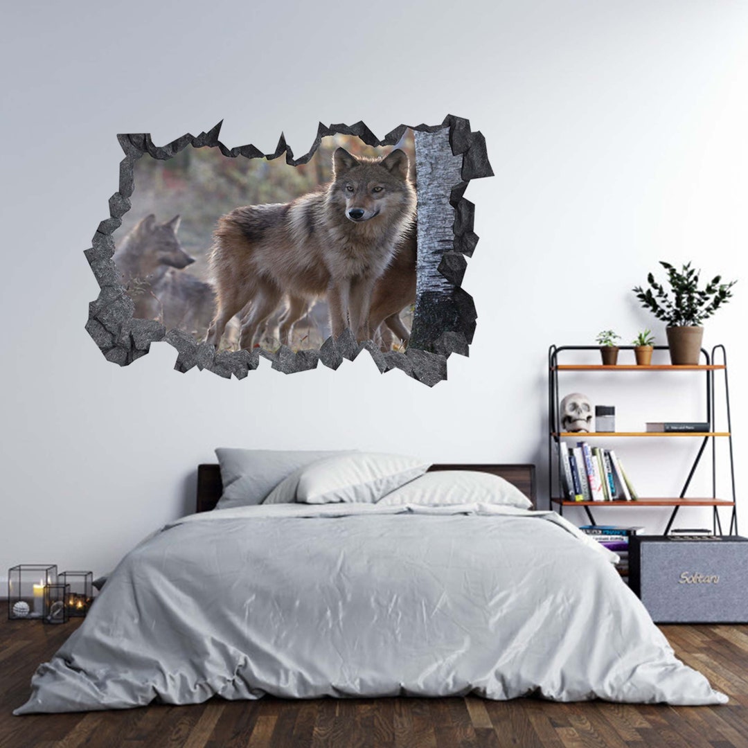 Pegatina de pared Pack de lobos en madera Agujero 3D en la pared Efecto ...