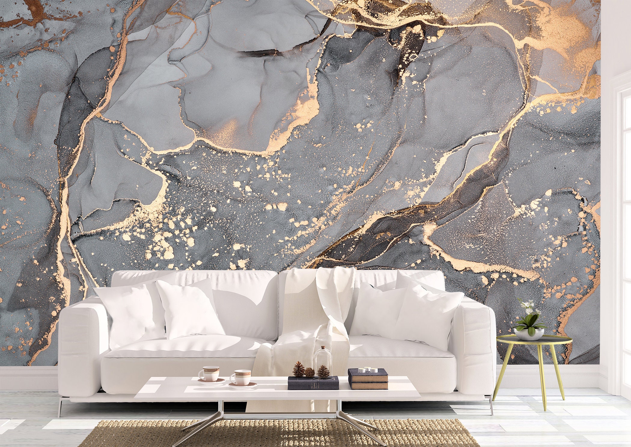 Grey and Gold Marble Wall Mural Wallpaper Wall Art Peel & - Etsy Canada