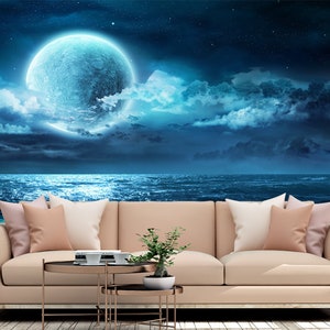 Blue Full Moon & Beach Wall Mural Photo Wallpaper UV Print Decal Art ...