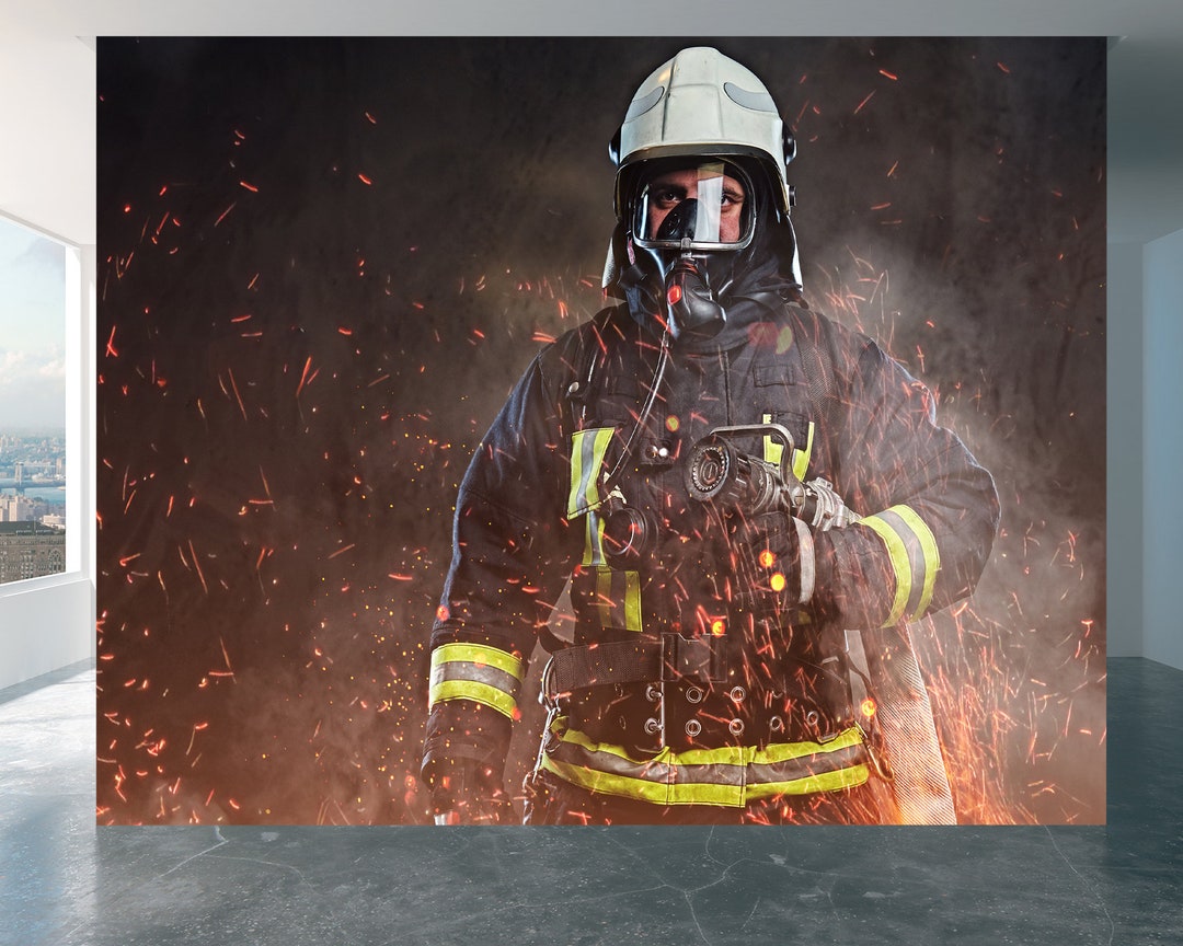 Resolute Firefighter's Stand Wallpaper Mural: Self-adhesive Fiery ...
