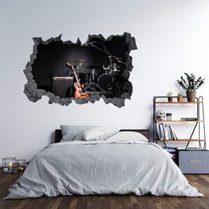 Wall Sticker Music Band Instruments 3D Hole in the Wall C Effect Decal ...