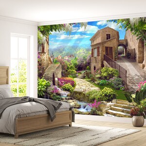 Retro Village Peel and Stick Wall Mural, Living Room Wallpaper ...