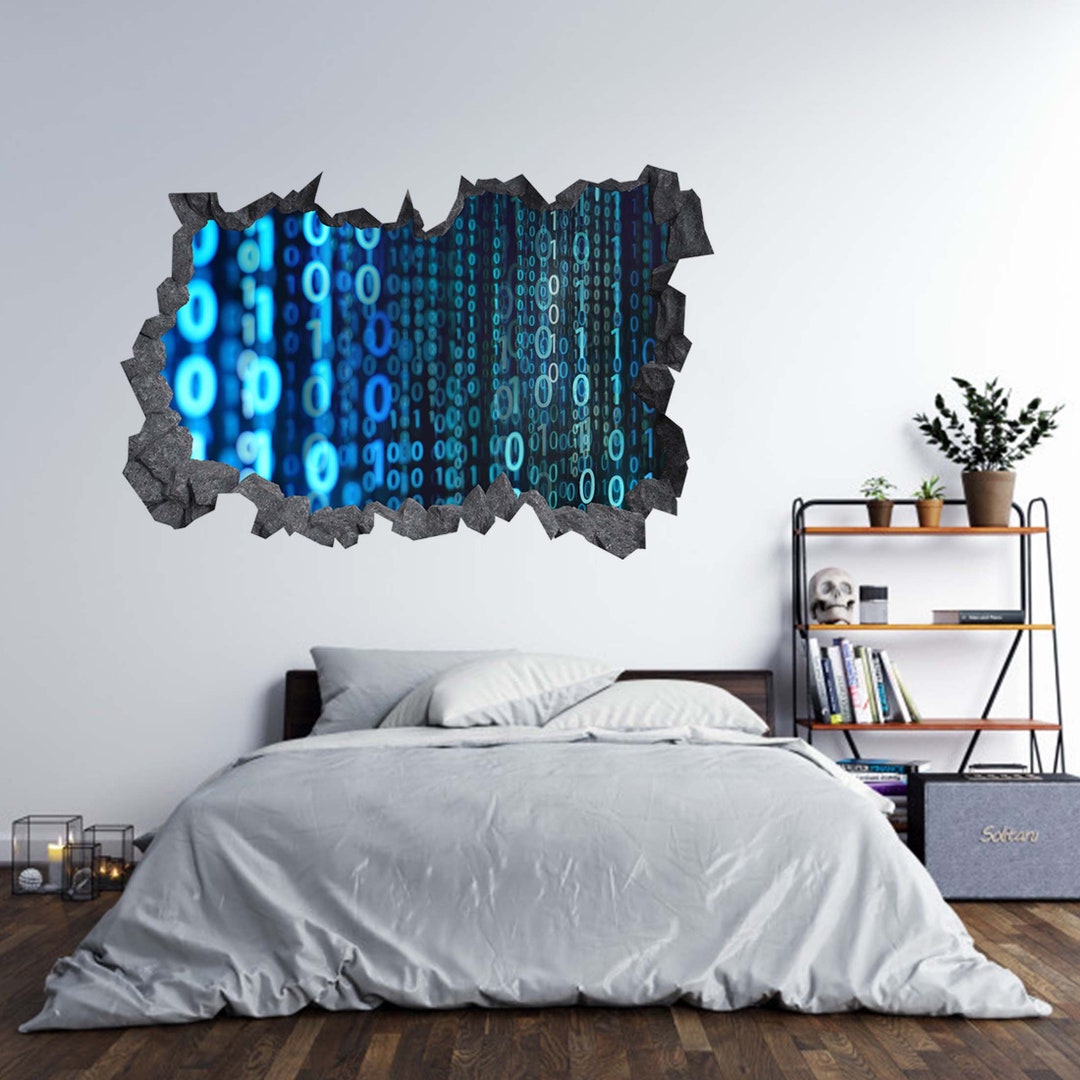 Wall Sticker Computer Numbers Hacker 3D Hole in the Wall C Effect Decal ...