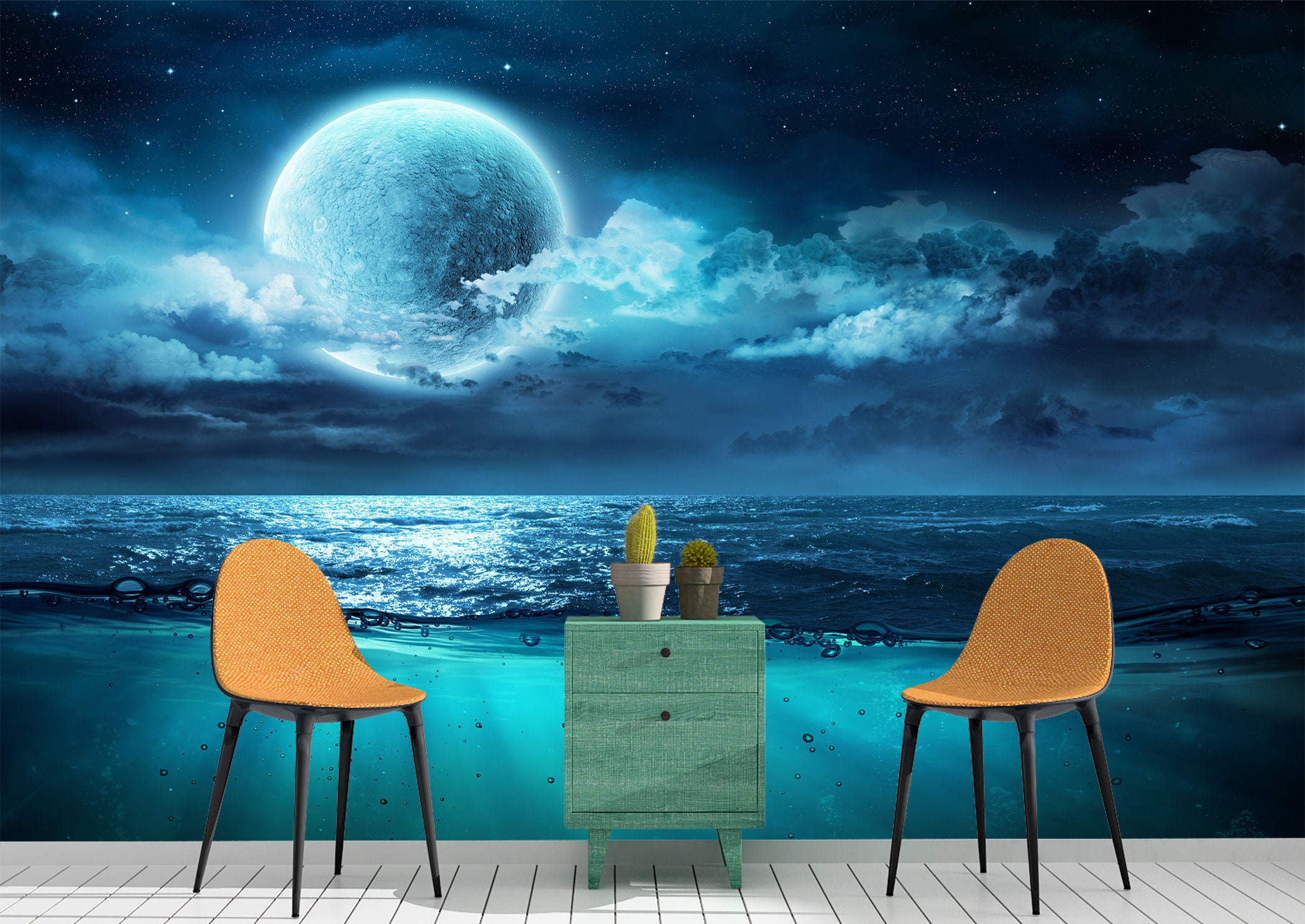 Blue Full Moon & Beach Wall Mural Photo Wallpaper UV Print - Etsy