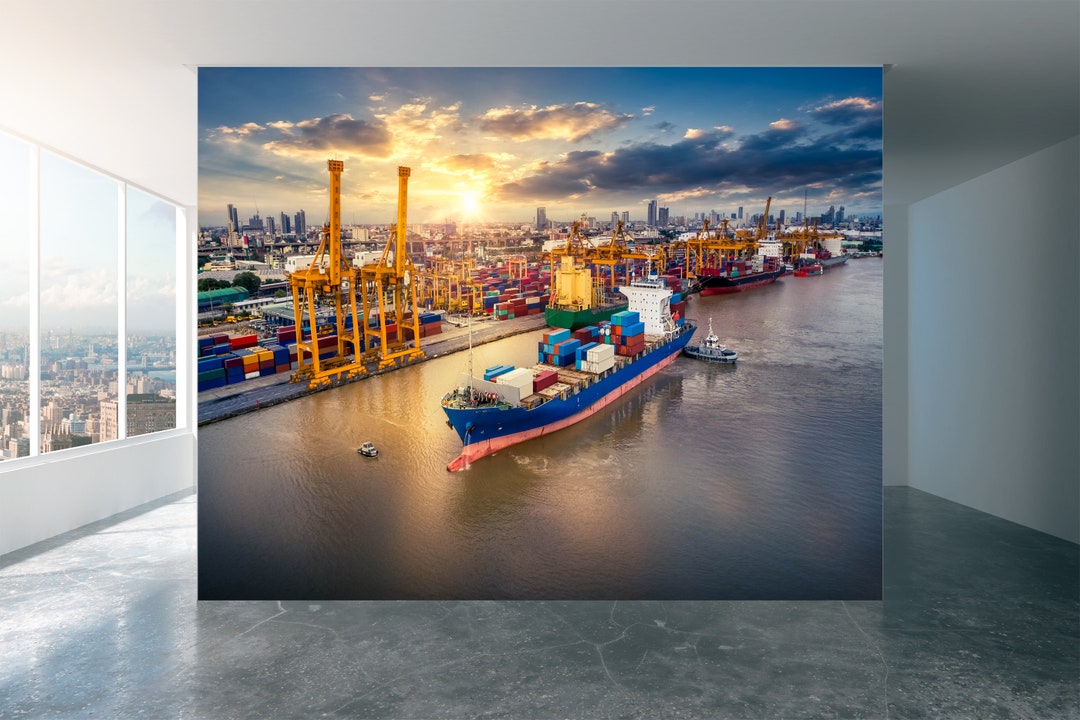 Container Ship in Port Wall Mural Wallpaper Wall Art Peel & - Etsy