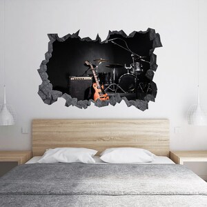Wall Sticker Music Band Instruments 3D Hole in the Wall C Effect Decal ...