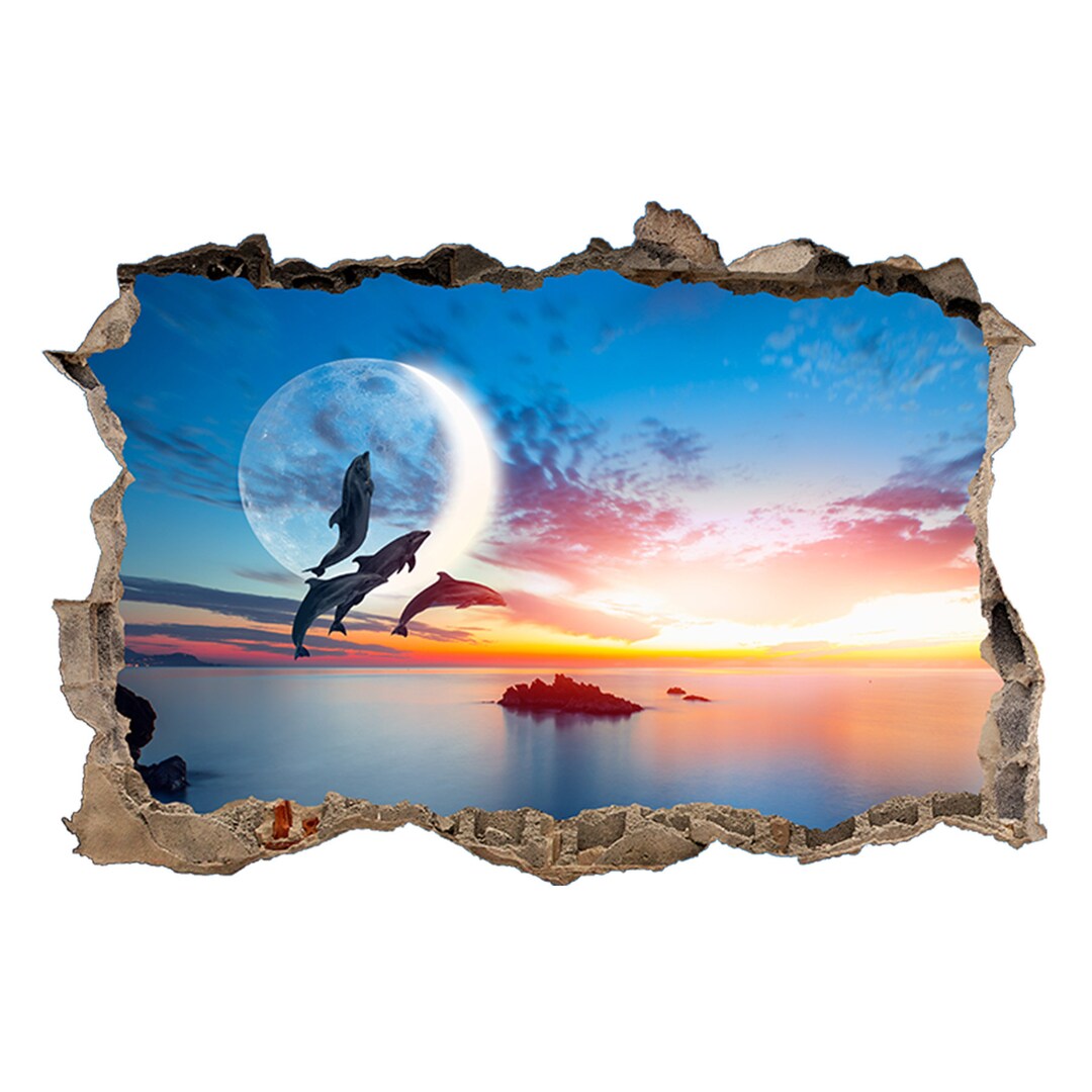 Wall Sticker Jumping Dolphins Landscape 3D Hole in the Wall Effect ...