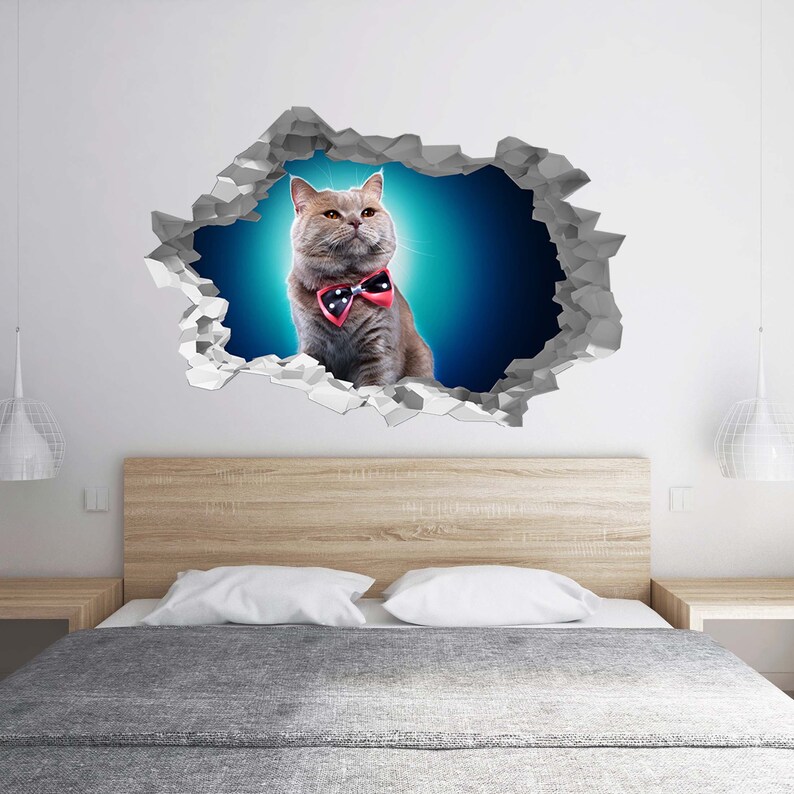 Wall Sticker Cat With Bow Tie 3D Hole in the Wall B Effect - Etsy