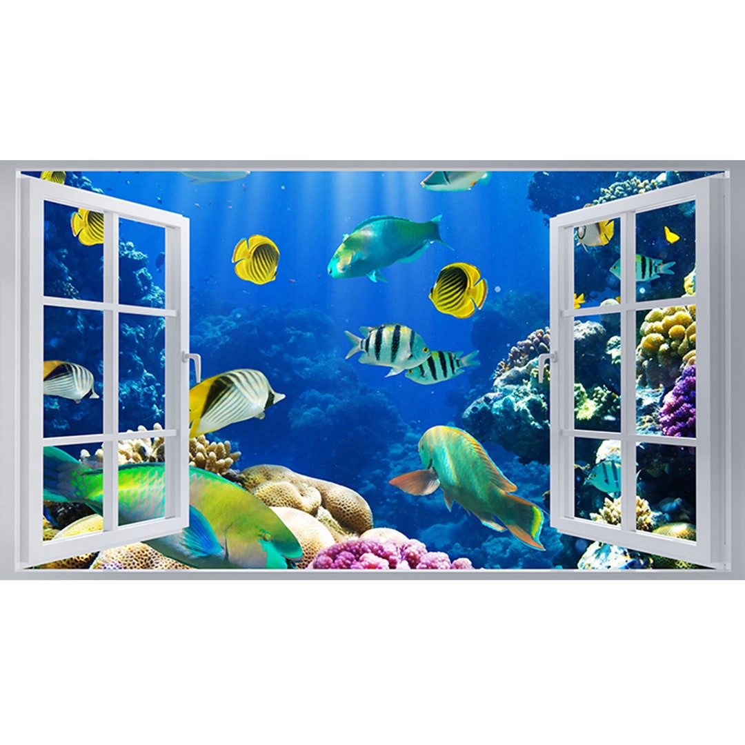Wall Sticker Aquarium Sea Life 3D Window Effect Self Adhesive Art Decal ...