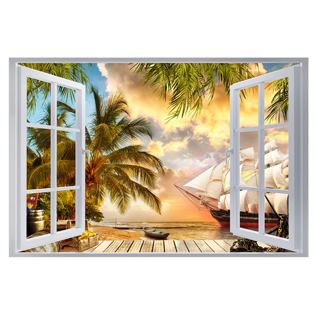 Wall Sticker Pirate Ship & Treasure View 3D Window Effect Art Decal ...