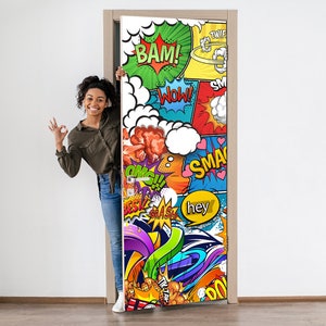 Comic Book Style Door Sticker, Peel & Stick Vinyl Door Wrap, Fun Art ...