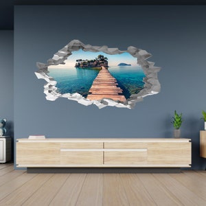 Wall Sticker Bridge on River Landscape 3D Hole in the Wall B Effect ...