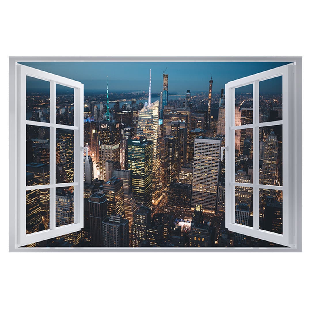 Wall Sticker New York City at Night Landscape 3D Window Effect Decal ...