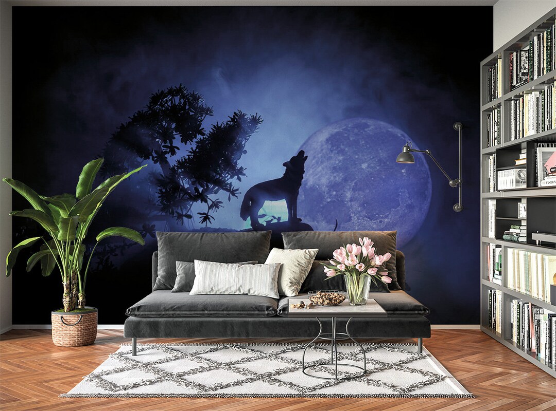 Wolf on Night Moon Theme Wall Mural Photo Wallpaper UV Print Decal Art ...