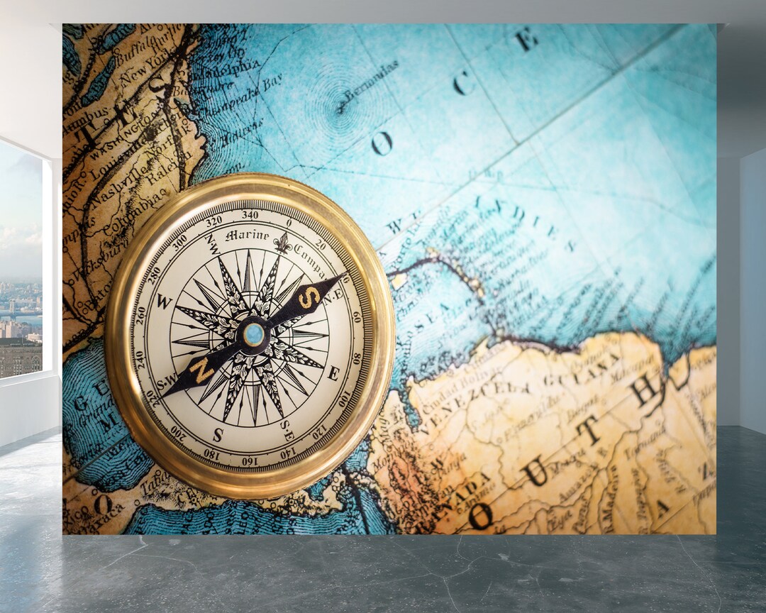 Vintage Compass & Blue Map Wallpaper: UV Print Photo Wall Mural ...