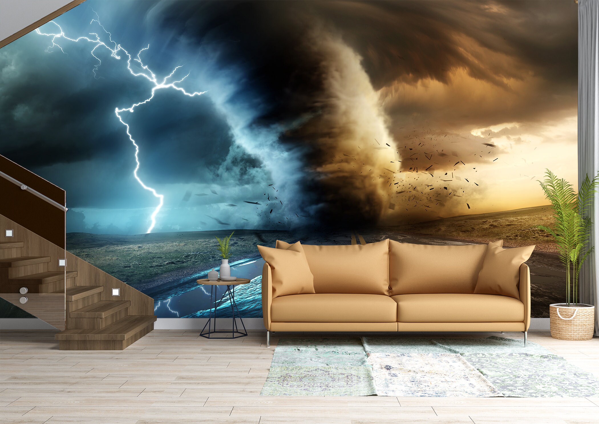 Tornado with Lightning Wall Mural Wallpaper Wall Art Peel & | Etsy