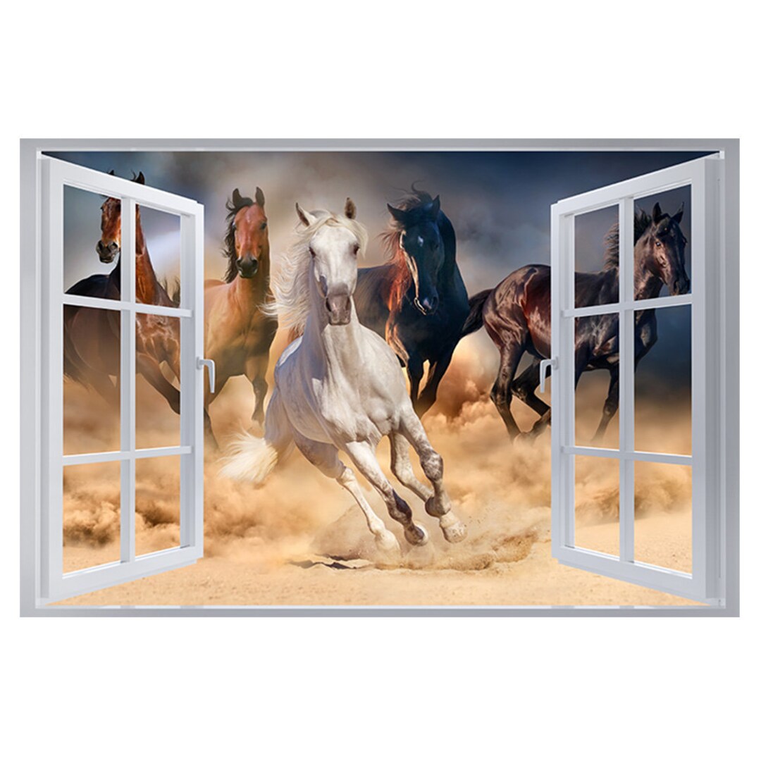 Wall Sticker Five Horses Running in Sand 3D Window Effect Art Decal ...