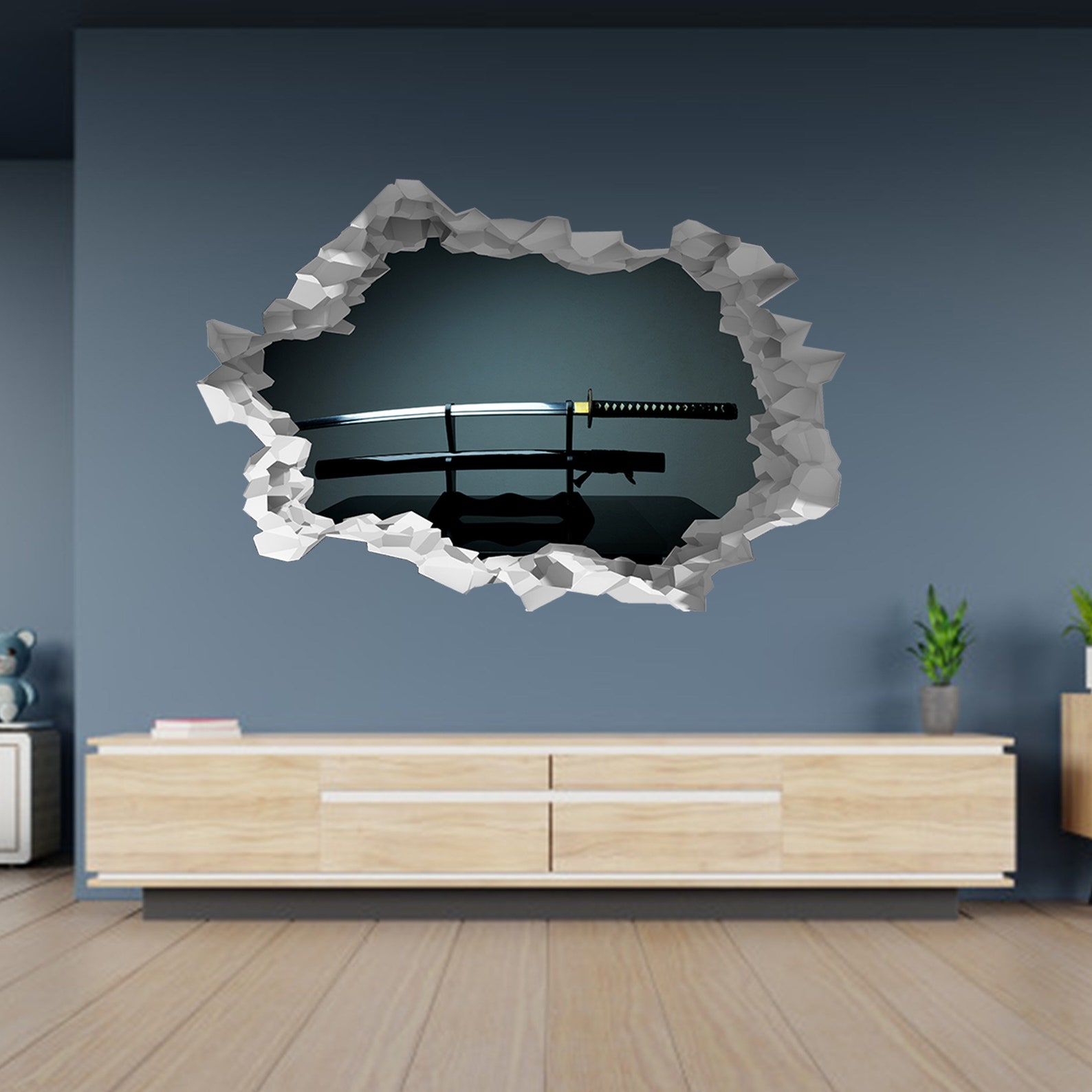 Wall Sticker Samurai Katana Sword 3D Hole in the Wall B Effect Art ...