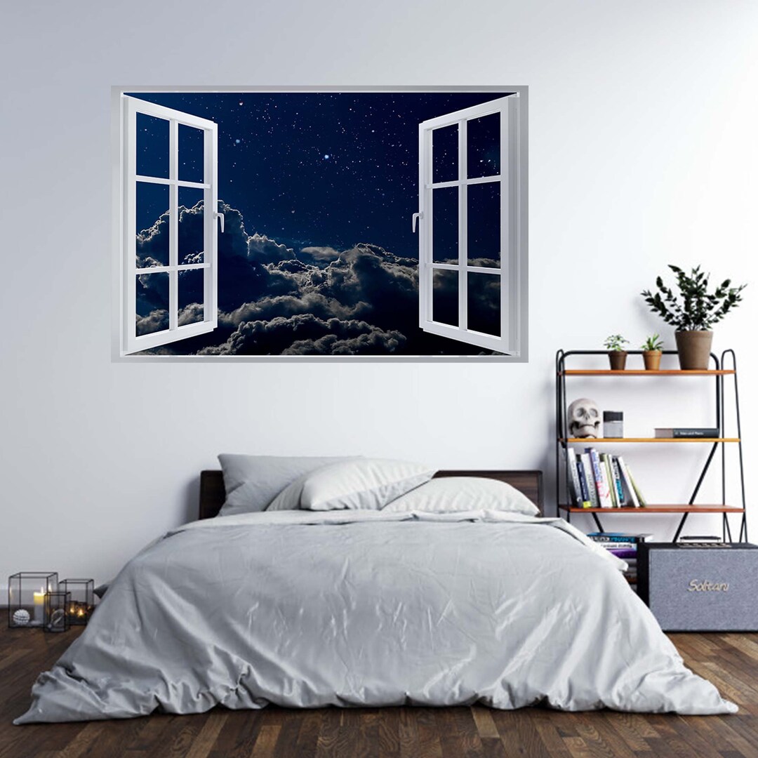 Wall Sticker Starry Night With Clouds 3D Window Effect Self Adhesive ...