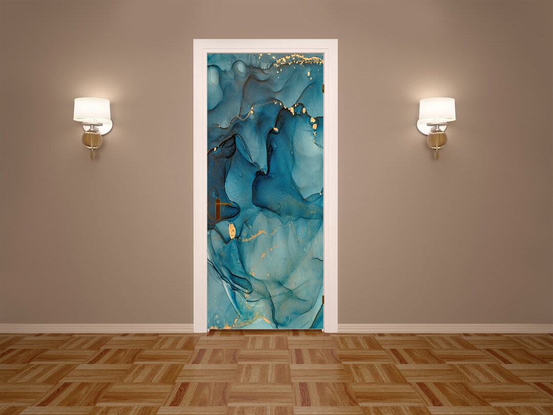 Metallic Blue Swirls Door Mural Sticker, Self Adhesive Door Wrap, the ...